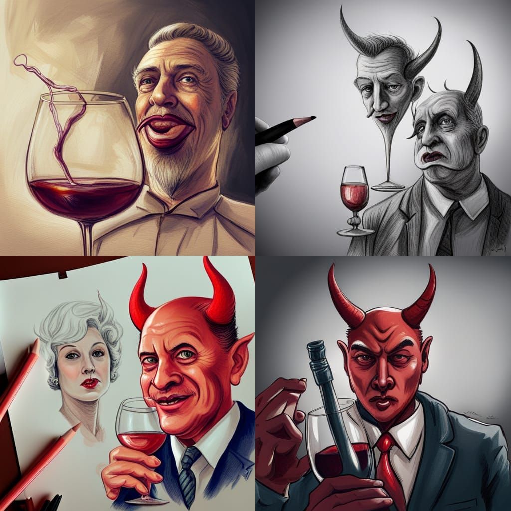 drinking wine with devil pencil sketch - AI Generated Artwork - NightCafe Creator