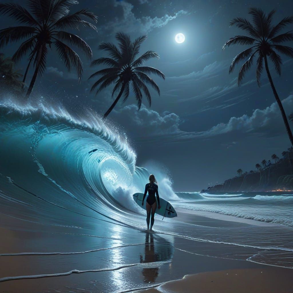 Female surfer in wetsuit rides massive waves on a night tropical beach ...