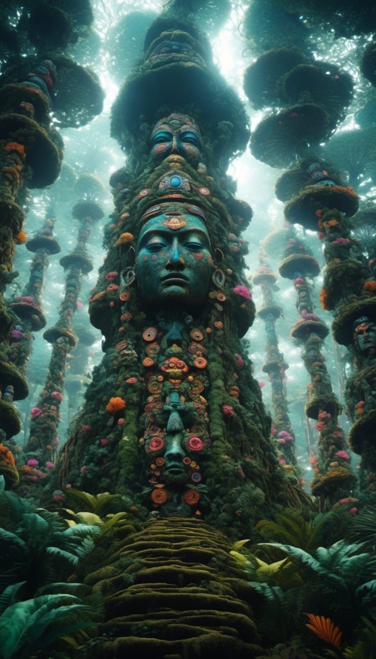a totem pole with Many psychedelic faces, facing different ways, ultra ...