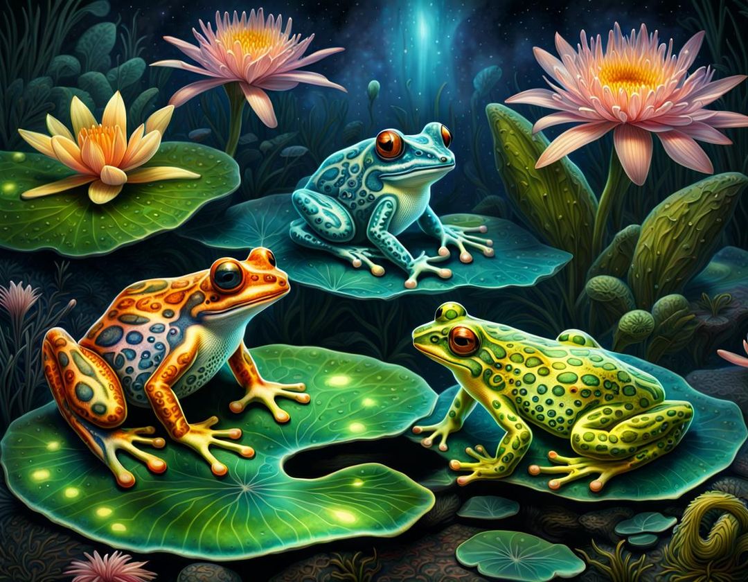 Bioluminescent Frogs on Lilypads - AI Generated Artwork - NightCafe Creator