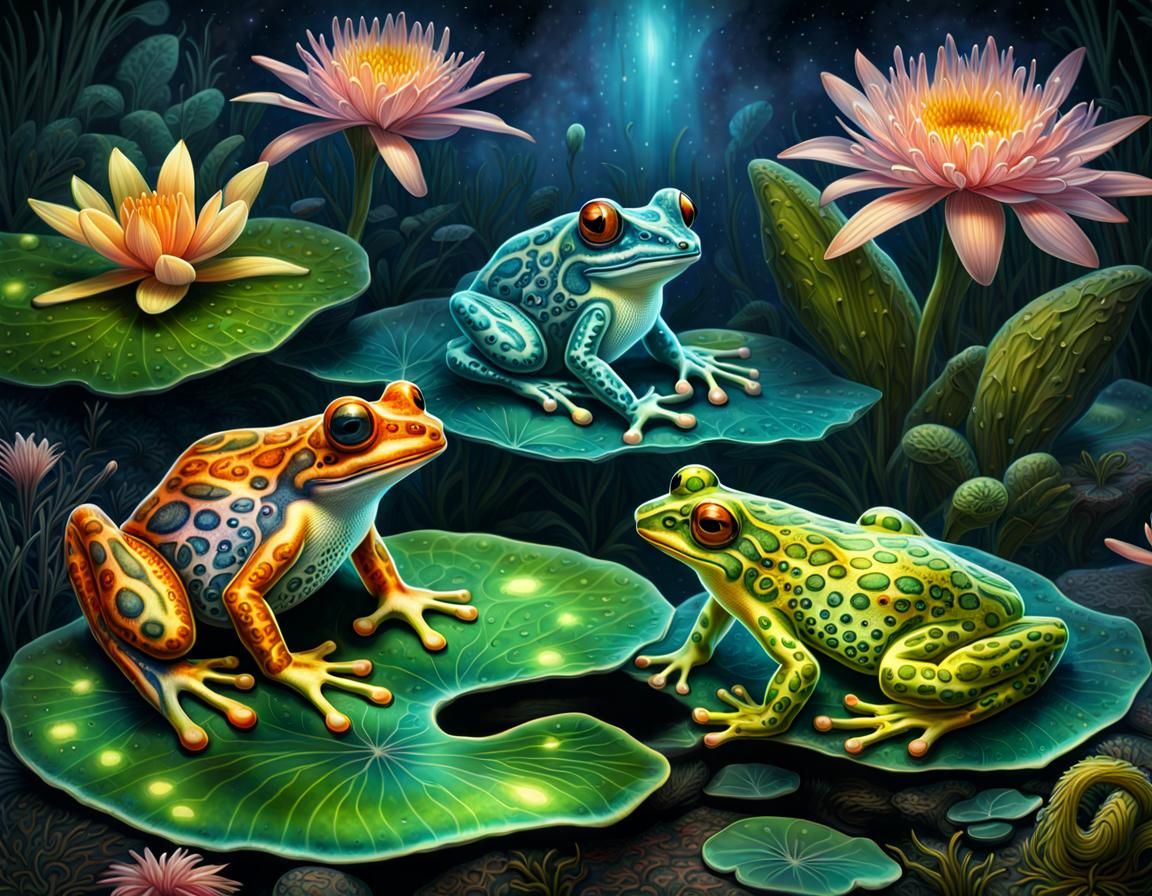 Bioluminescent Frogs on Lilypads - AI Generated Artwork - NightCafe Creator