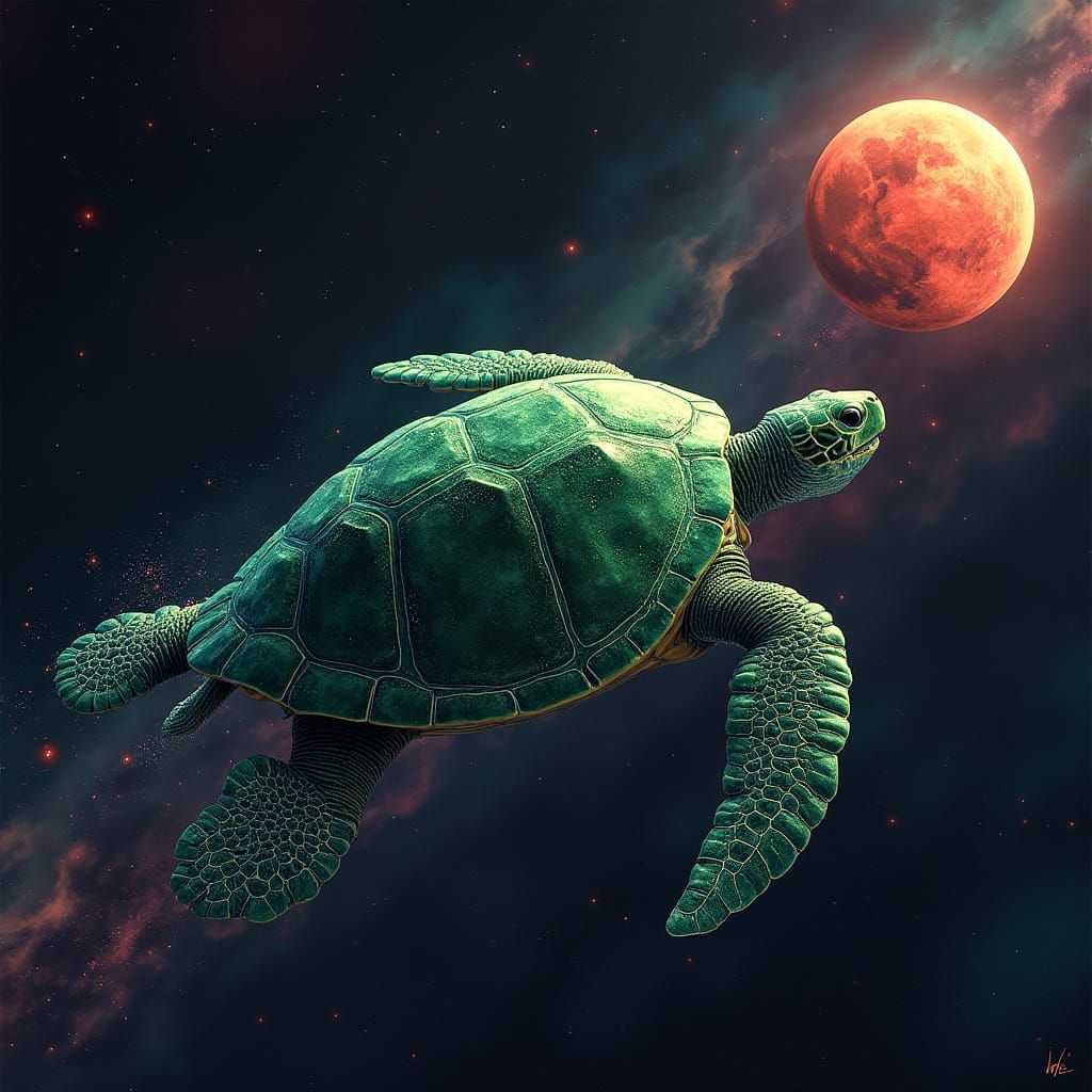 Turtle in Space Approaches the Red Planet in Vibra... - AI Art