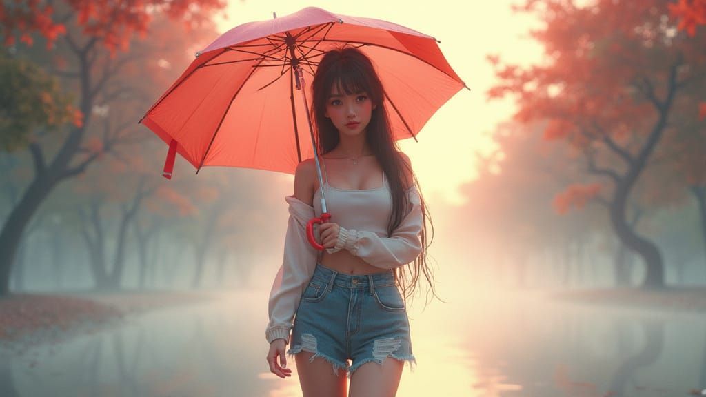 model girl - Serene K-Pop Model Girl in Misty Landscape