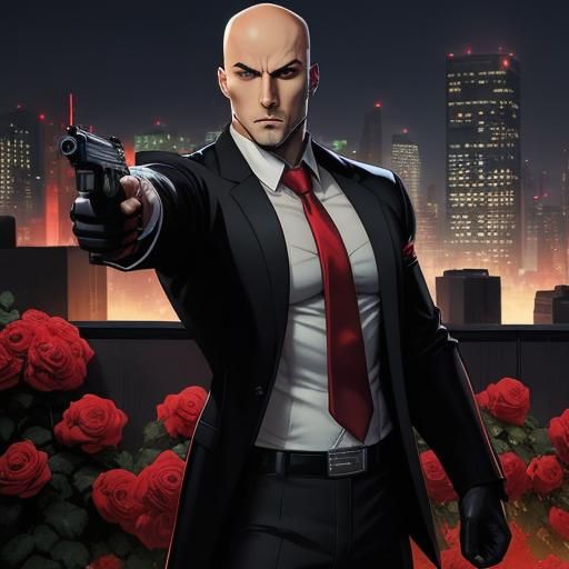 comic book style of a assassin pointing a gun with a suite and tie and ...