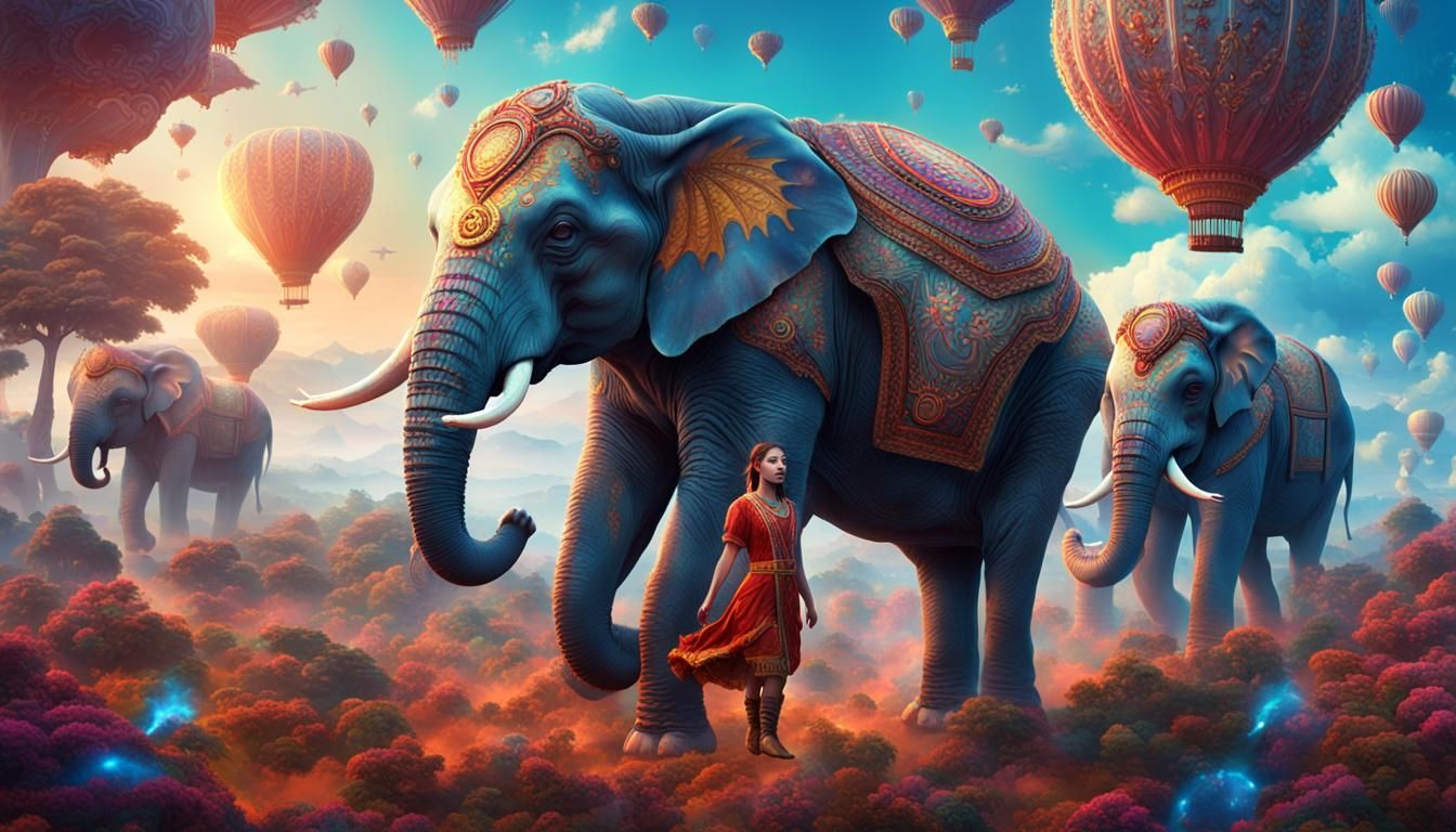 beautiful girl with elephants Are flying across the sky, psychedelic ...