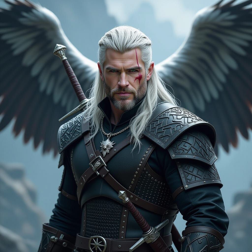 Liam Hemsworth as Geralt of Rivia with the white hair, gold eyes, the ...