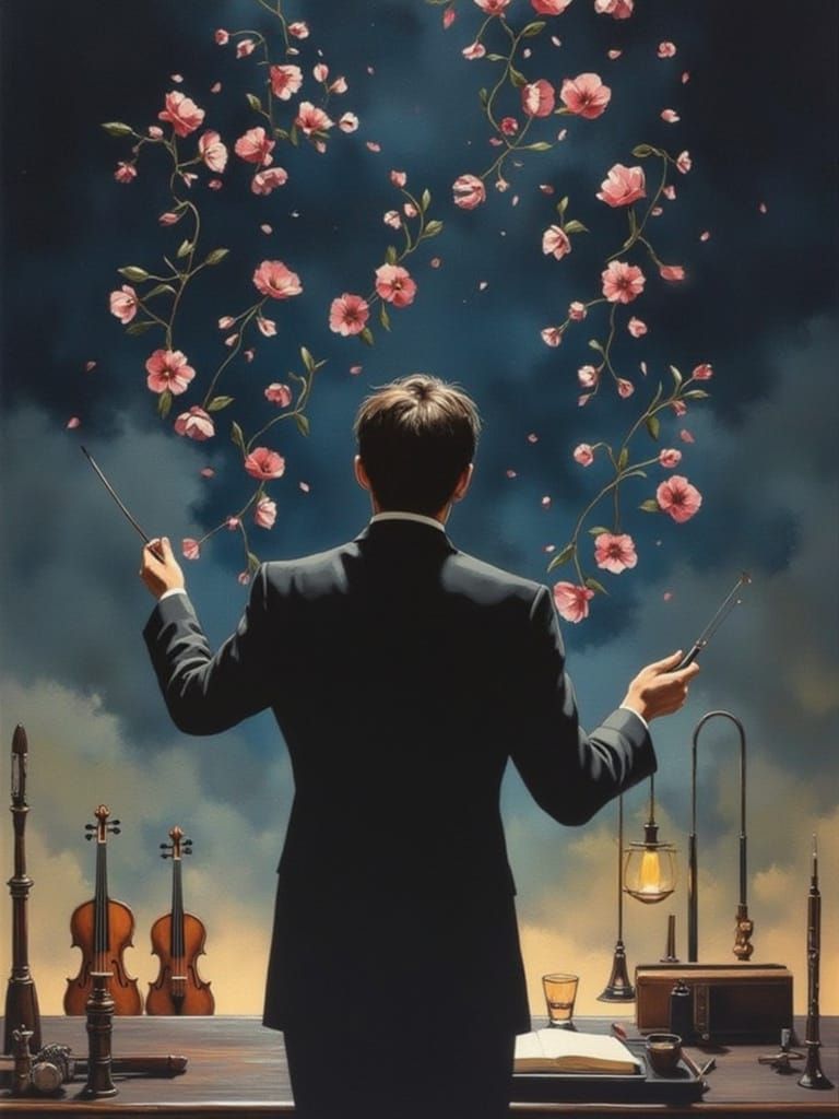 Conductor Orchestrating Ethereal Floral Scene in W... - AI Art