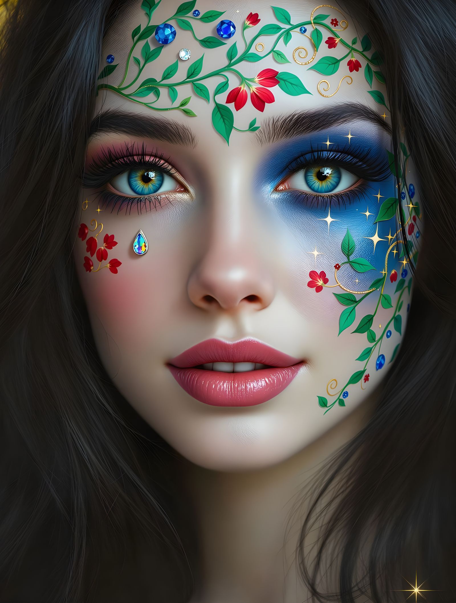 A woman gazes with captivating, kohl-rimmed eyes. Her face is a canvas ...