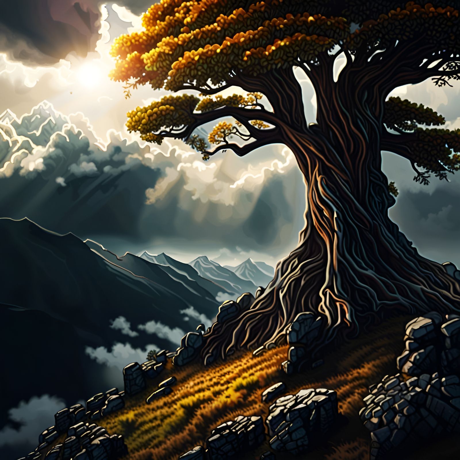 Majestic tree on mountaintop - AI Generated Artwork - NightCafe Creator