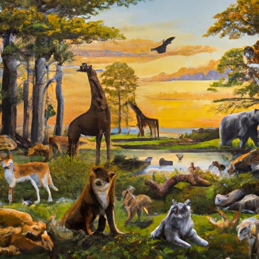 A 3D, wide-angle, HDR, oil painting, detailed, ultra-realistic animals ...