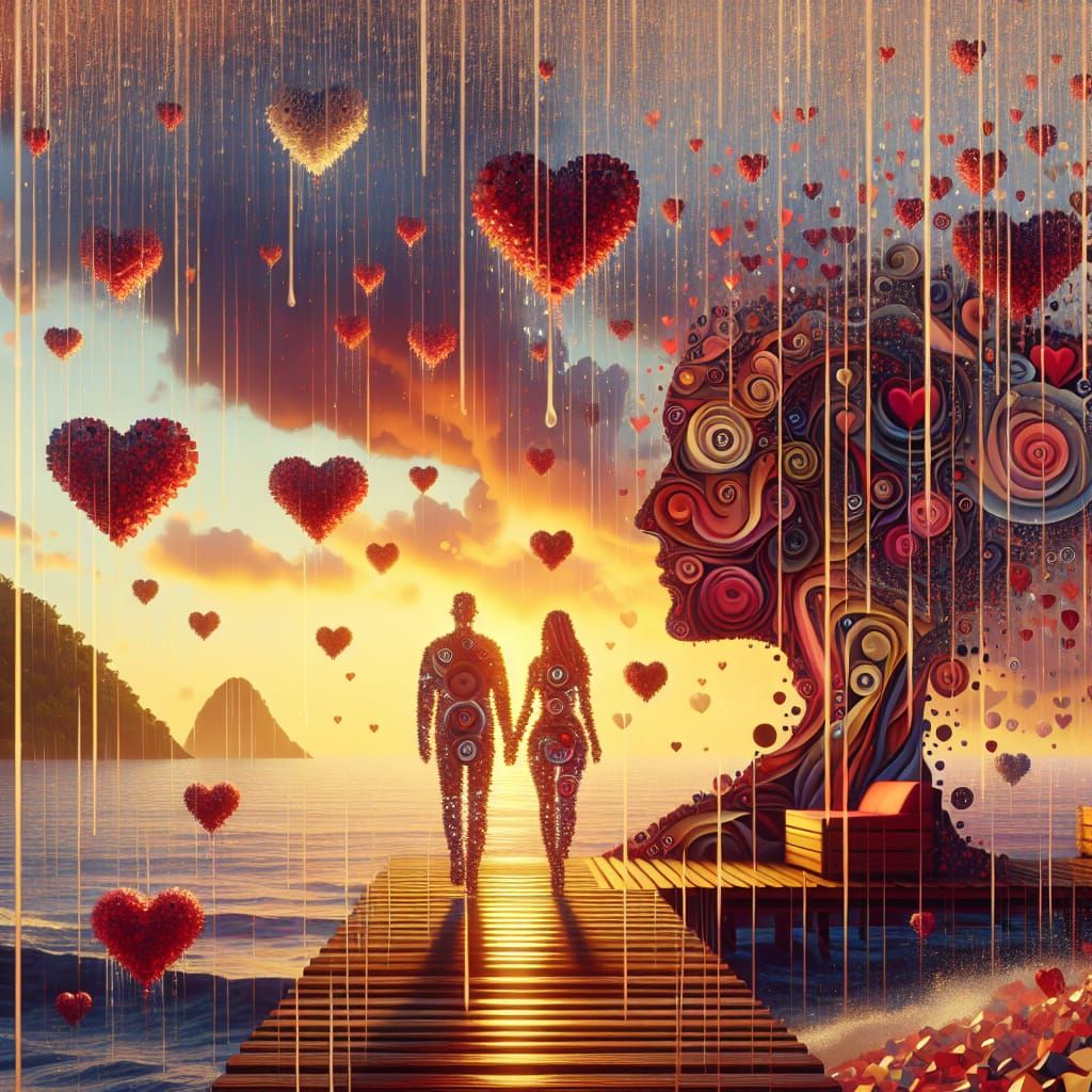 Surreal raining valentine, deconstructed couple. ruby golden hour ...