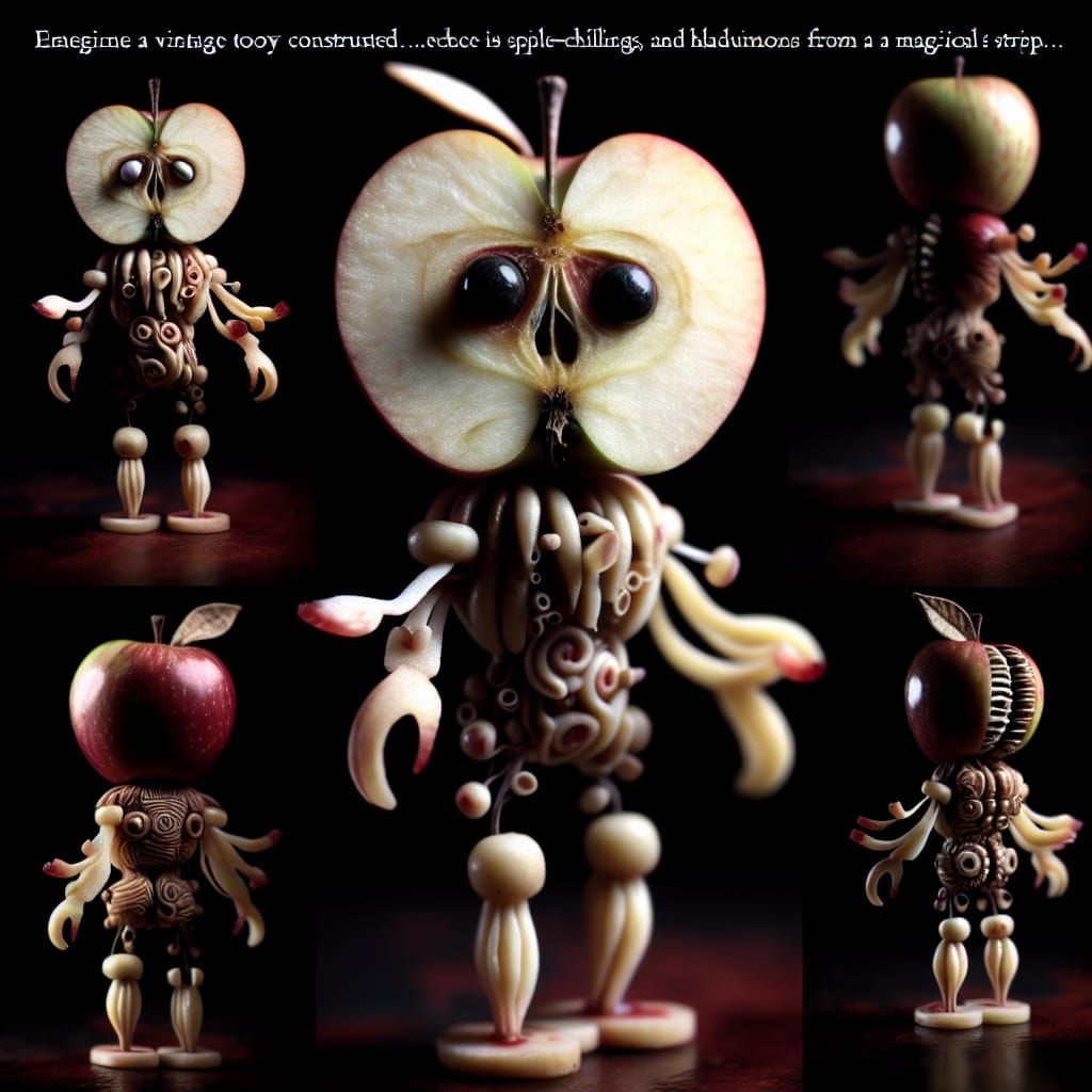 A vintage toy, made out of parts sliced from an apple, the apple core ...