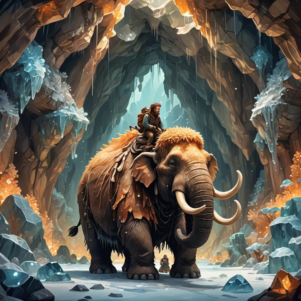 Prehistoric man riding a mammoth in a crystal cavern - AI Generated ...