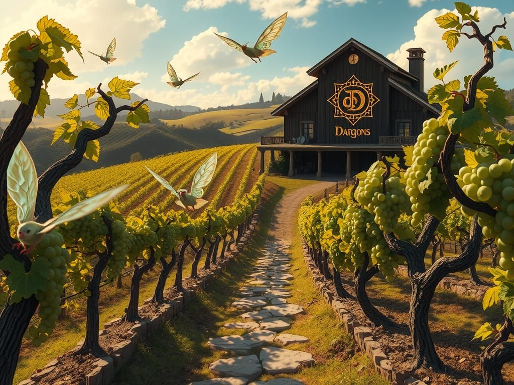 A lush, sun-drenched vineyard set in the Dungeons & Dragons universe ...
