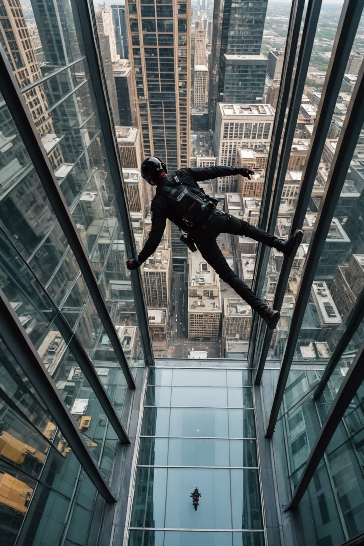 A glass skyscraper, looking down from the roof to see the perfect glass ...