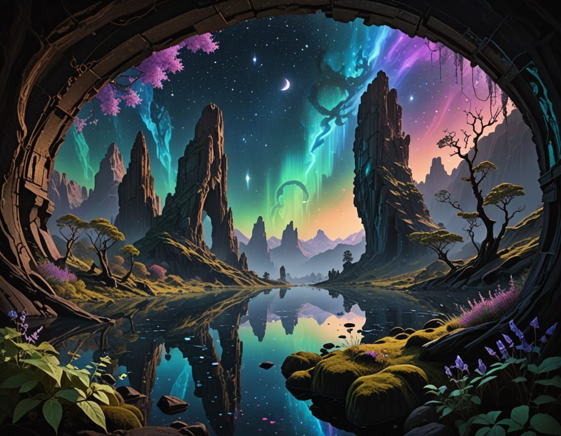 Ethereal Realms Beyond Ancient Obsidian Windows - AI Art