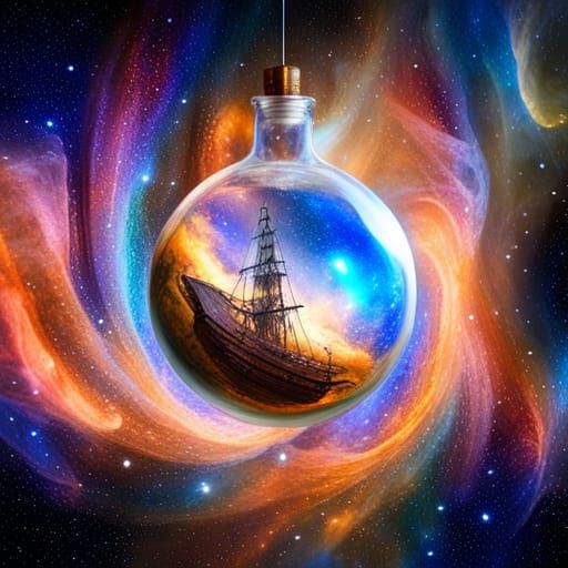 A steampunk galactic Galleon in a bottle flying through a nebular ...