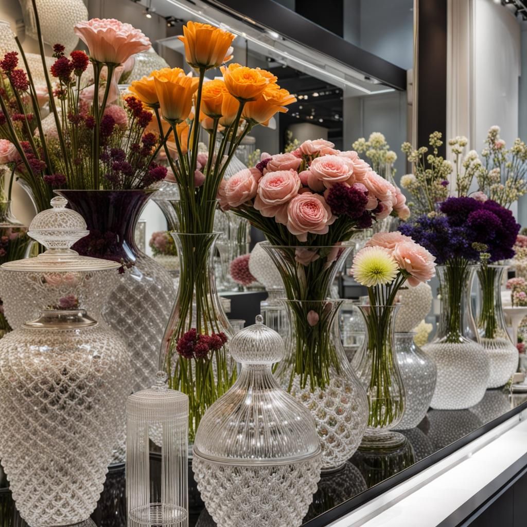 A shop display of flowers in crystal glass intricate vases - AI ...