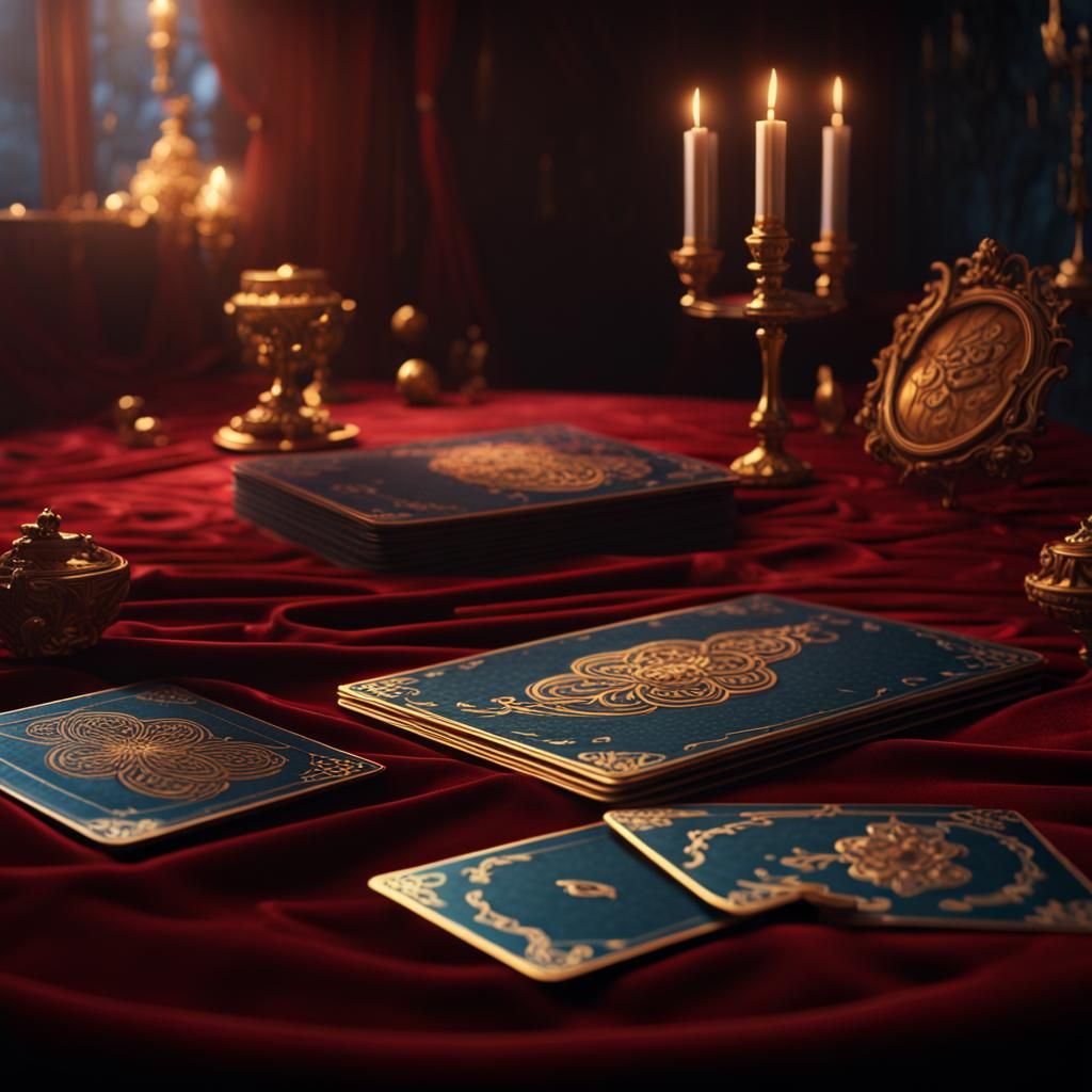 Three glowing cards on a velvet table in a well decorated room - AI ...