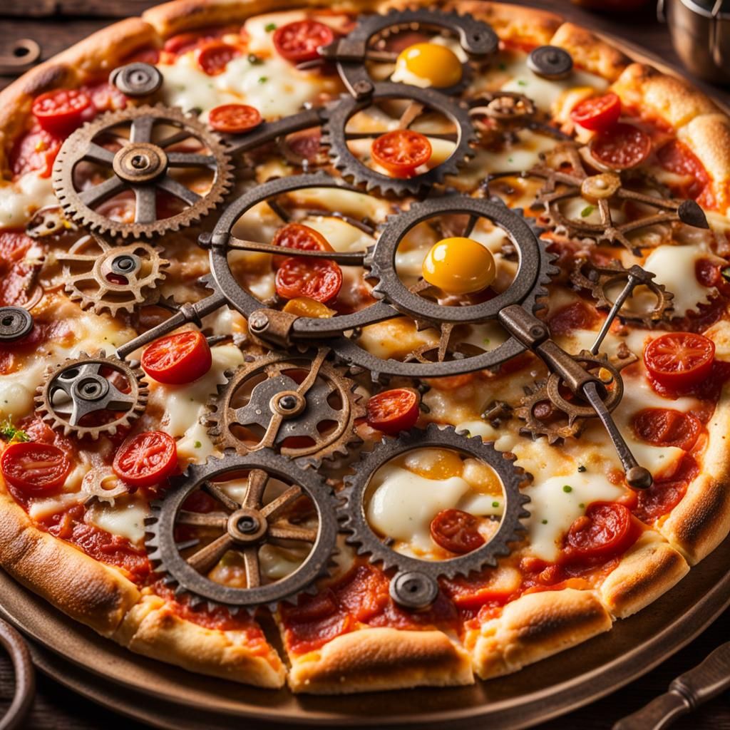 Pizza? And eggs? And gears? - AI Generated Artwork - NightCafe Creator