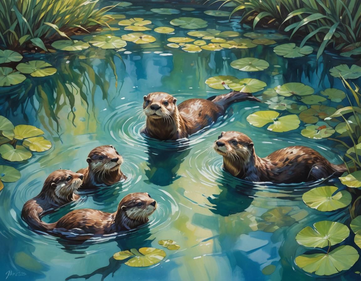 family of otters frolicking in a tranquil pool - AI Generated Artwork - NightCafe Creator
