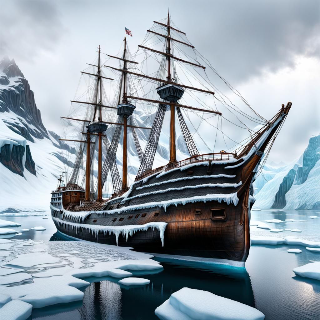 ice sculture complete frozen old sailling ship in Alaska, lot of hug ...
