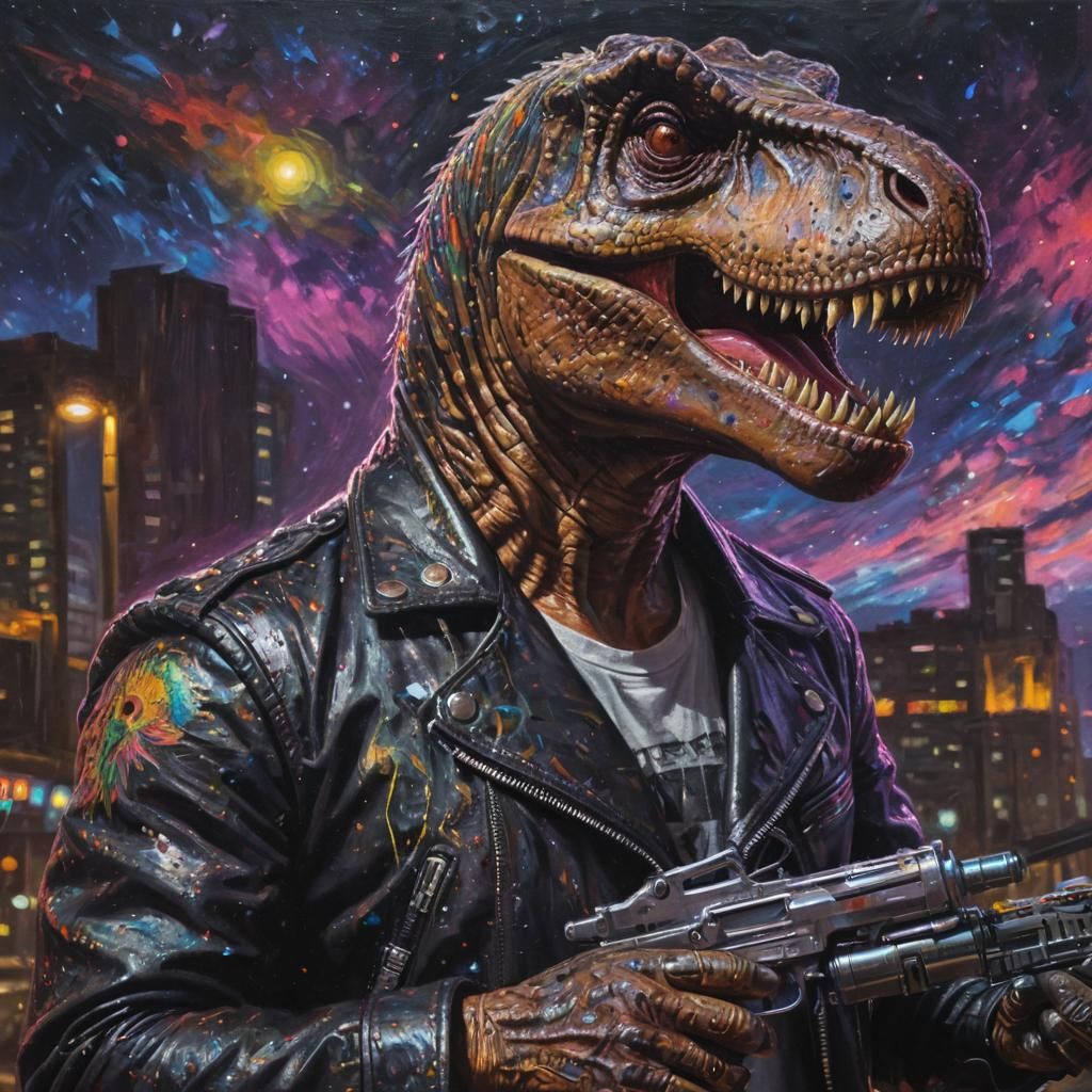 Dinosaursperiments - Psychedelic T-Rex Portrait in Starry Ni...