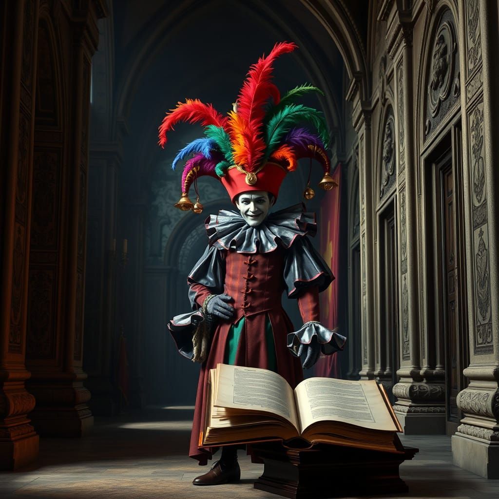 Stereotypical court jester from the middle ages, wearing his funny ...