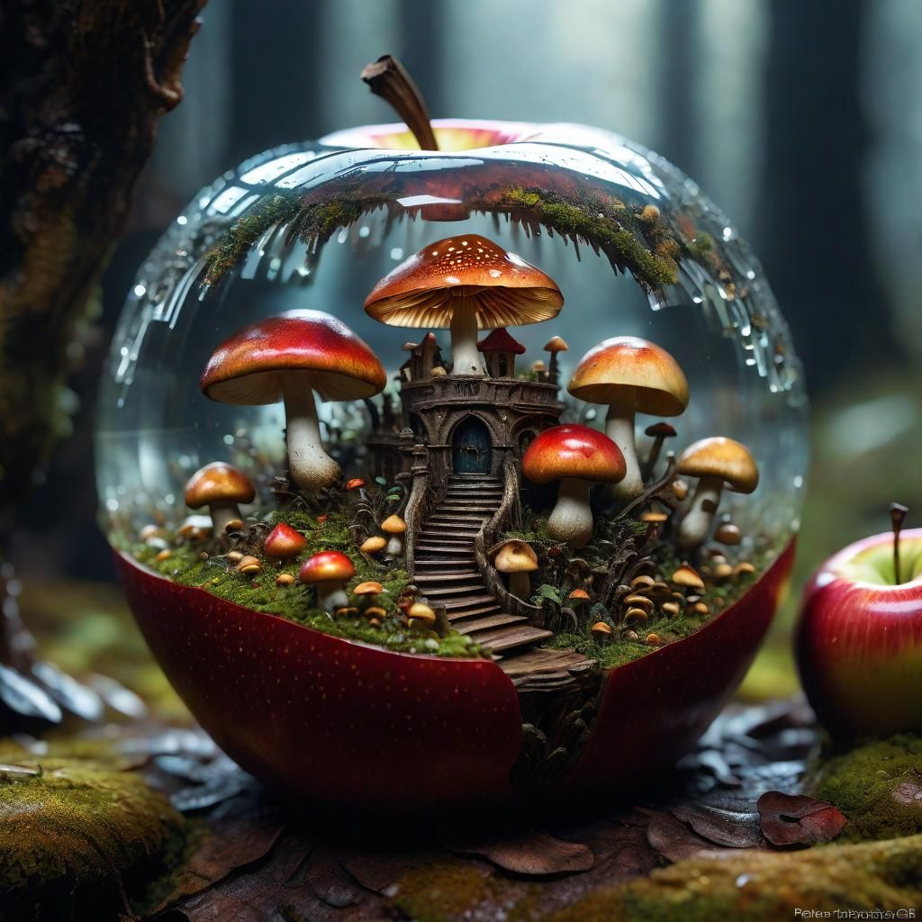 Fairy Mushroom Village Inside a Resin Apple v1 (Juggernaut XL v5) - AI ...