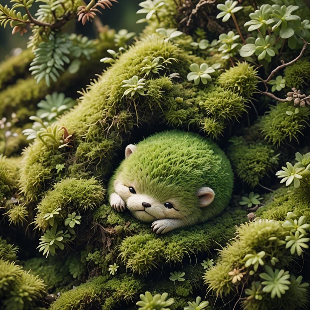 Realistic Moss-Sleeping Kawaii Creature - AI Art