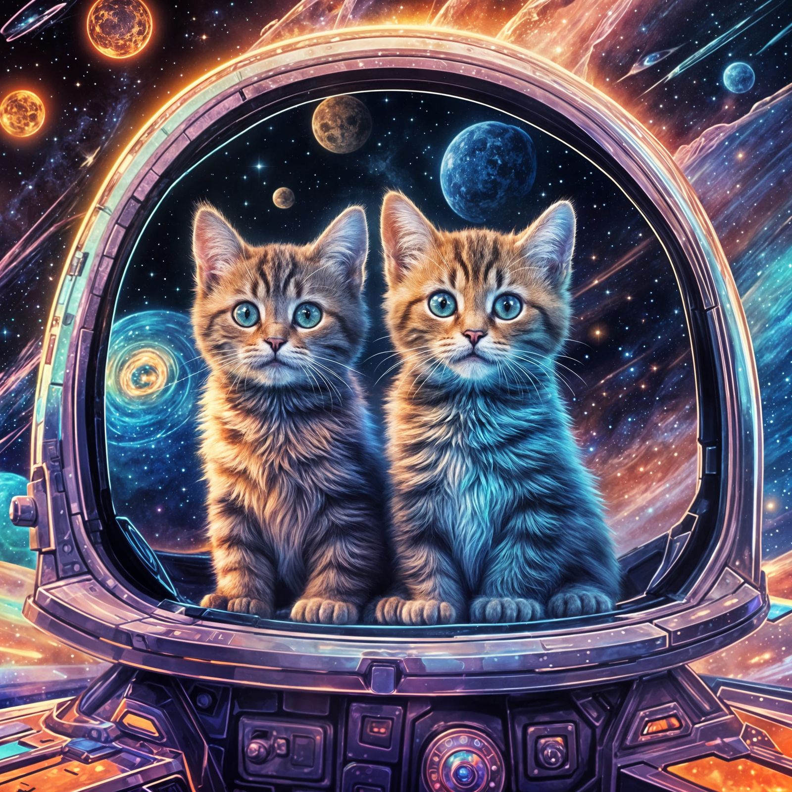 Cosmic Kittens in Vibrant Space Odyssey - AI Art