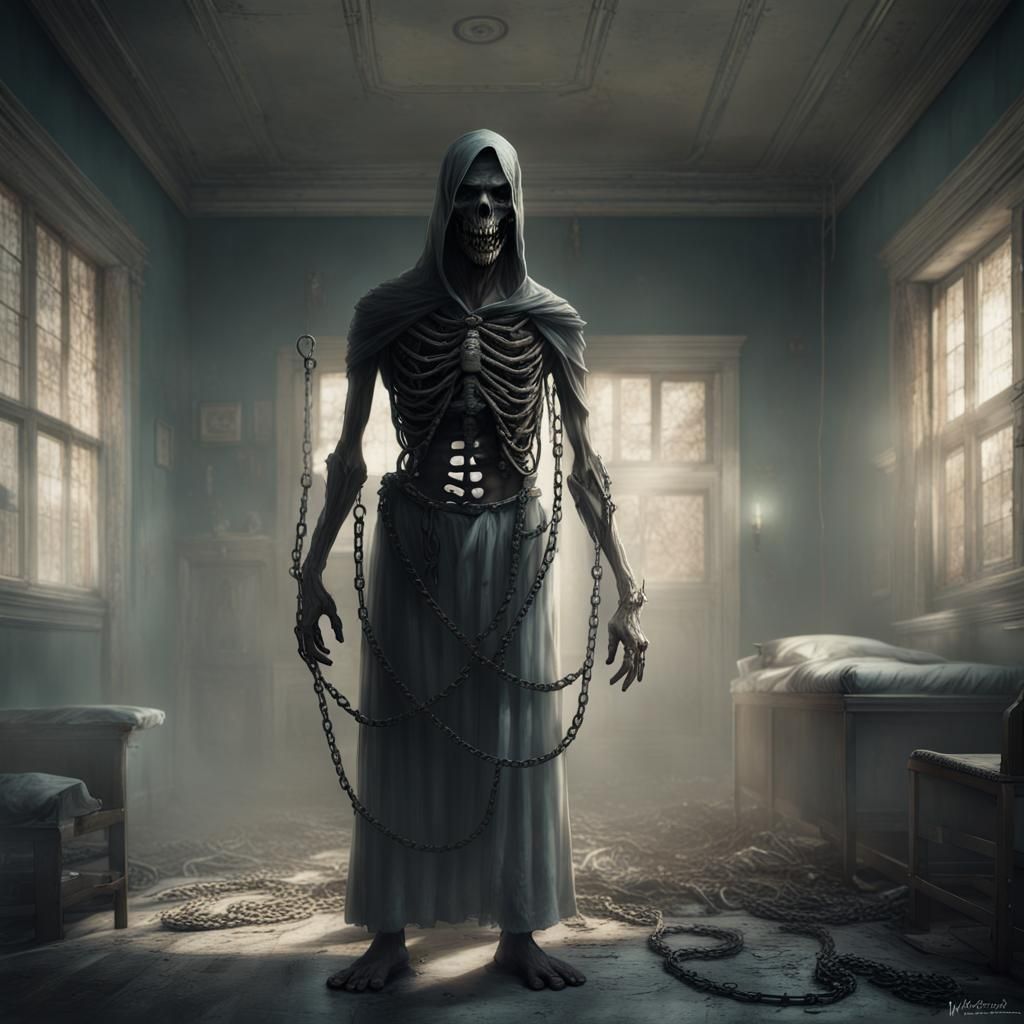 ghost that carry a chain on his chest his face is full of agony that he ...