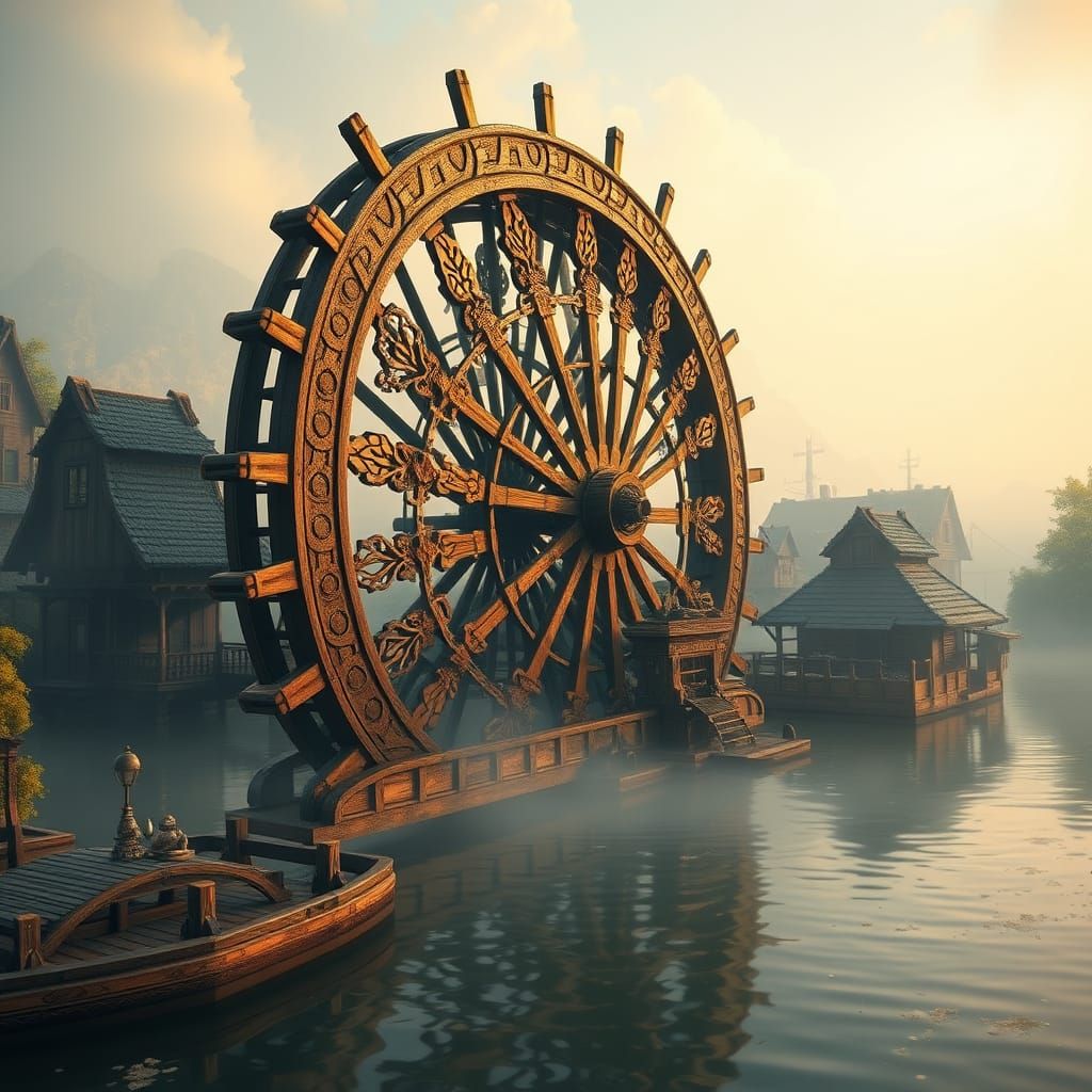 A giant fantasy waterwheel powering an entire floating village.