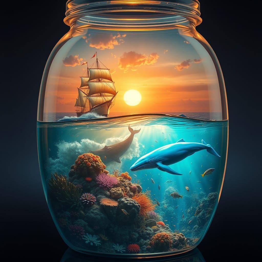 Surreal Sunset at Sea within a Glass Jar, in Detai... - AI Art