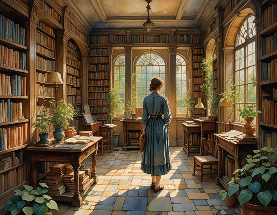 (Ancient foreign library 1.6), neo impressionist inspired watercolor ...