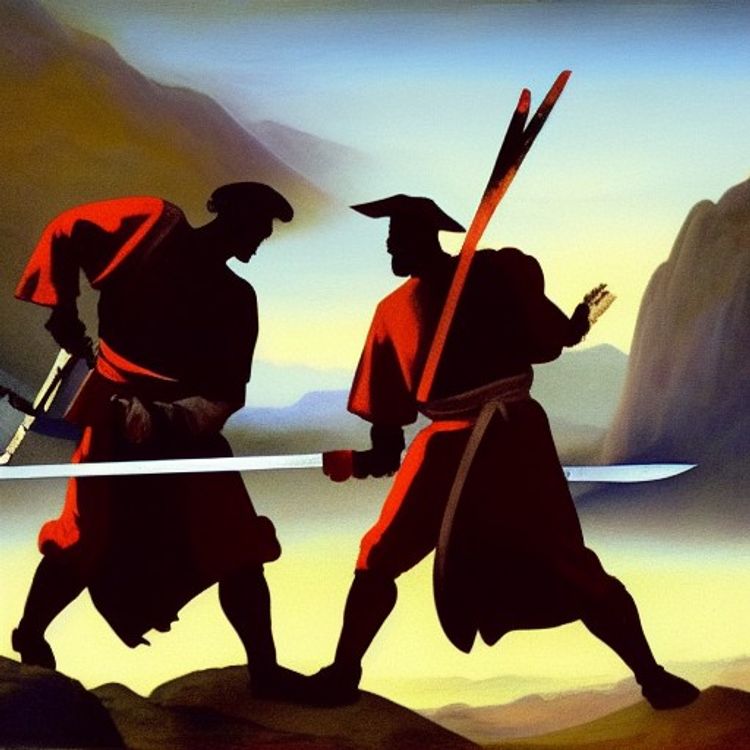 Two swordsmen dueling wiith giant paintbrushes in rocky terrain - AI ...