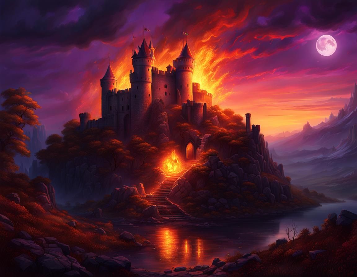 Landscape painting of a castle on fire - AI Generated Artwork ...