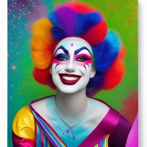Happy, energetic ((A gorgeous winking young woman, wearing a clown ...