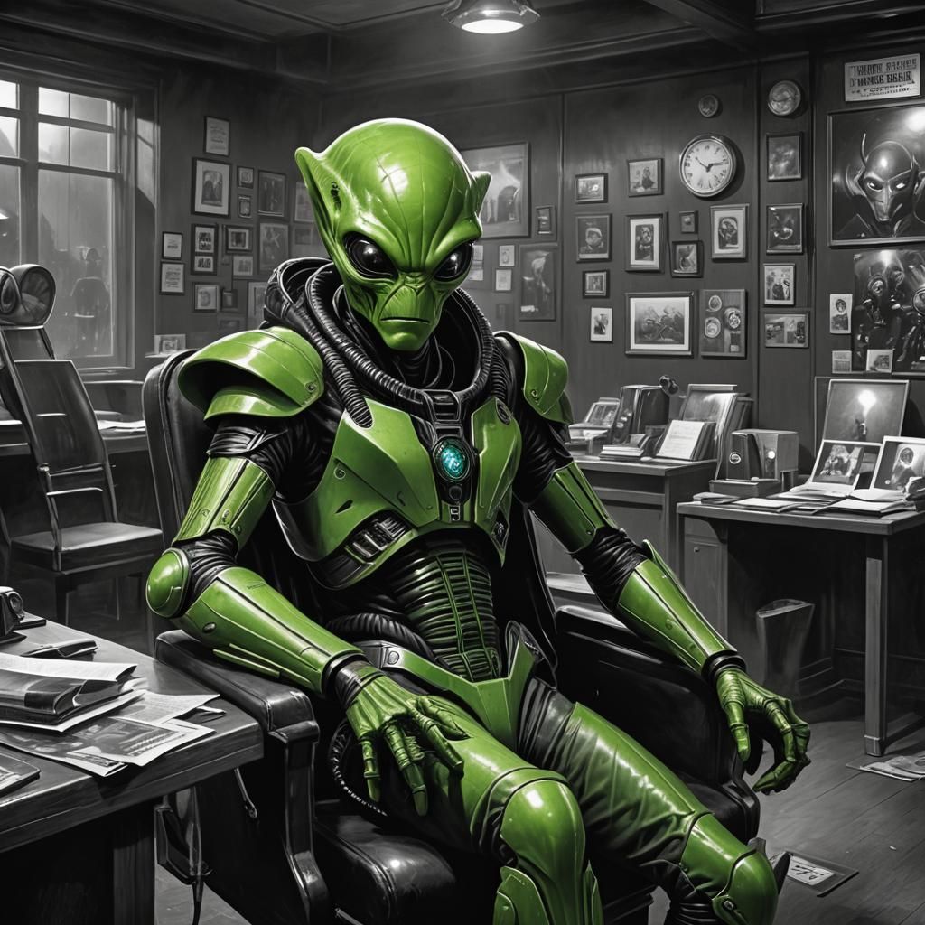 An alien in a 1940s film noir detective office