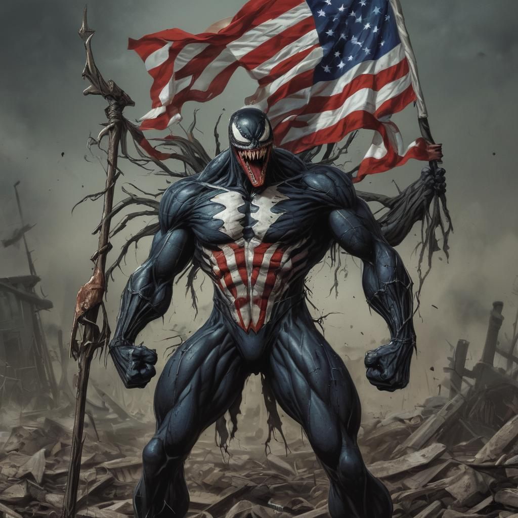 Sinister comic book cover-art of Venom wearing the American flag draped ...