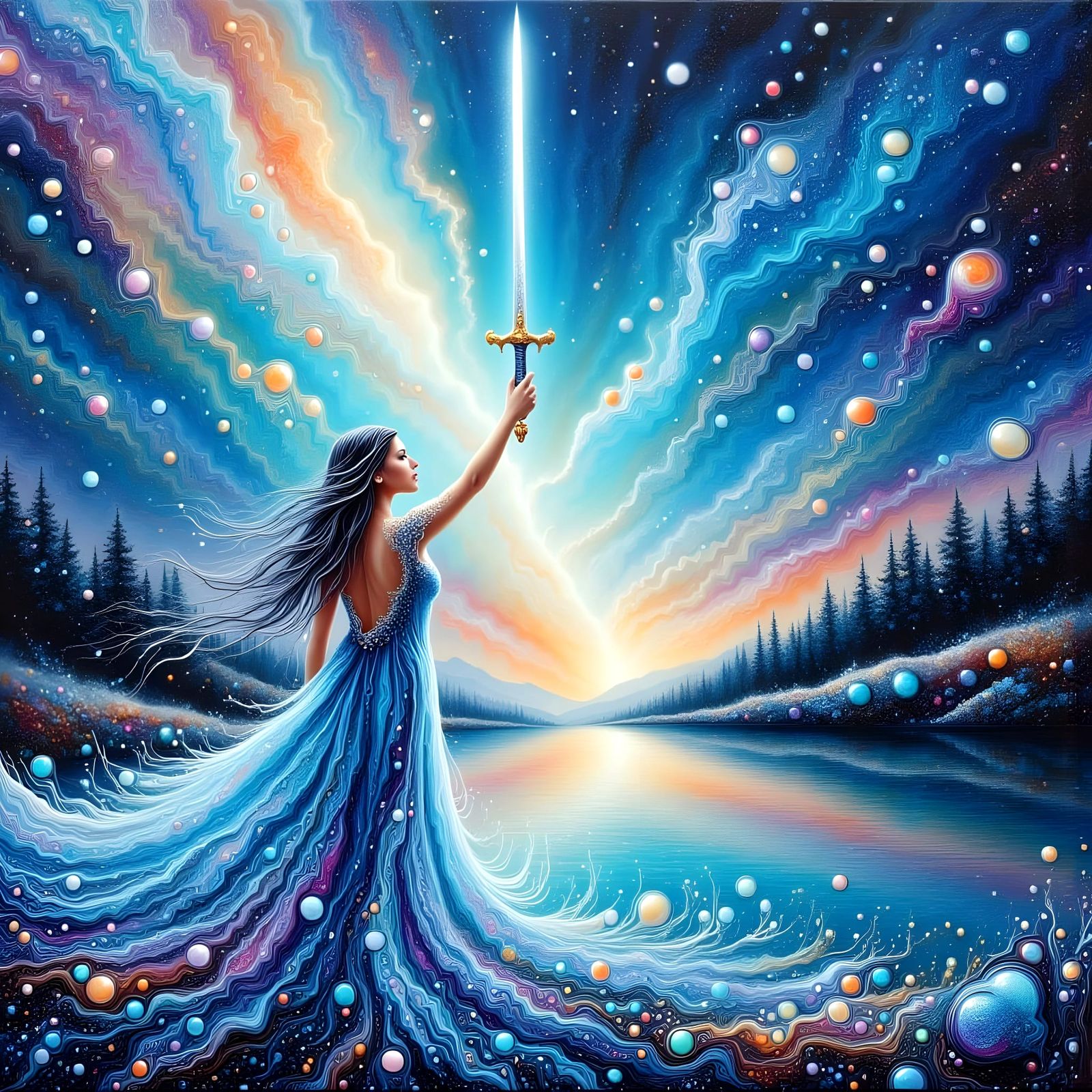 Ethereal Lady of the Lake Raises Excalibur to Star... - AI Art