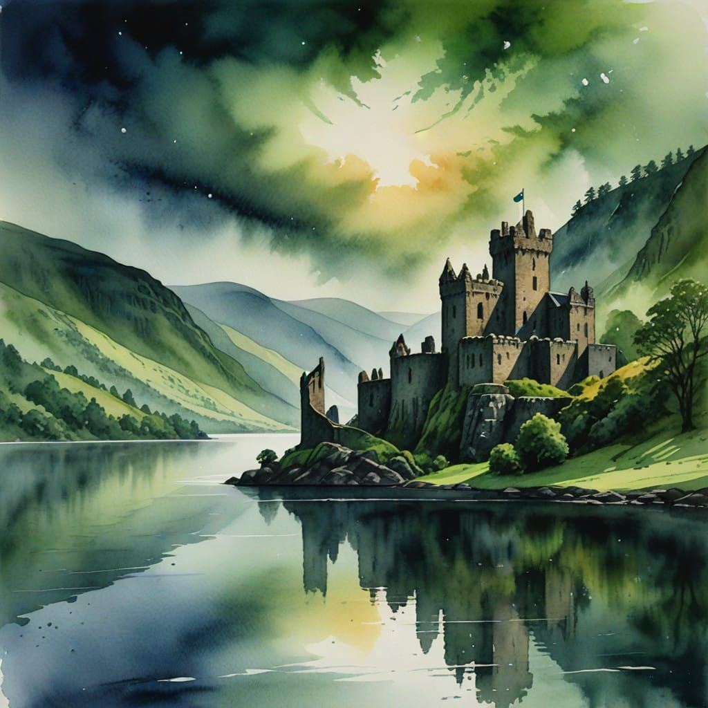 Mystical Loch Ness Watercolor in Scotland - AI Art