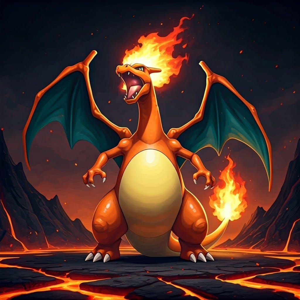 Charizard in his habitat - Majestic Charizard in Fiery, Lava...