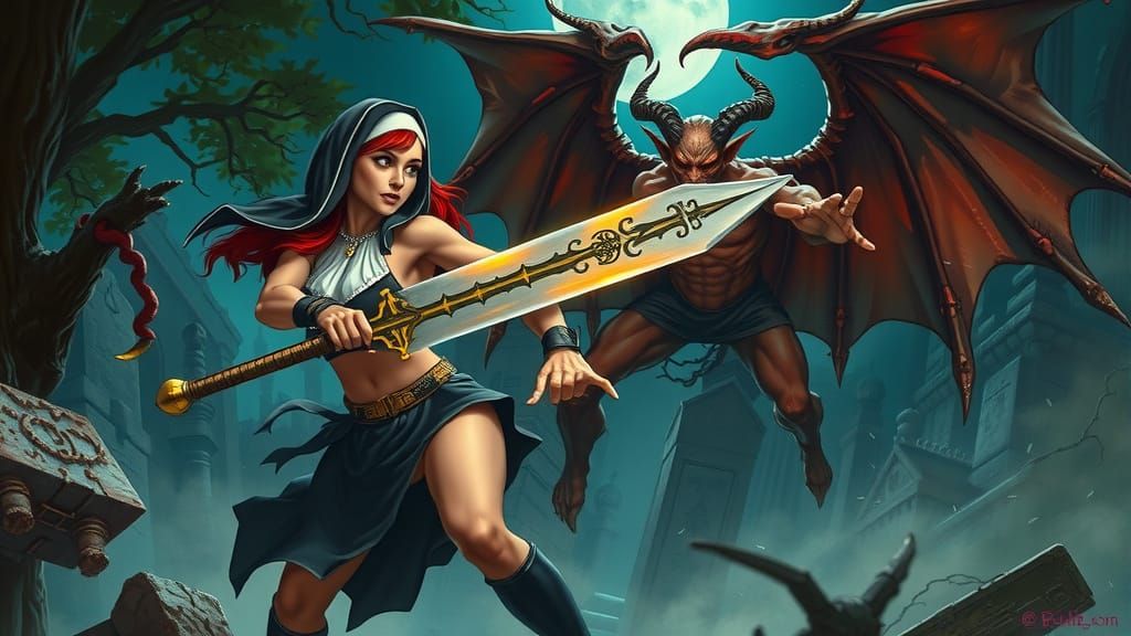 full body single nun in bikini holding one sword inscribed with glowing ...