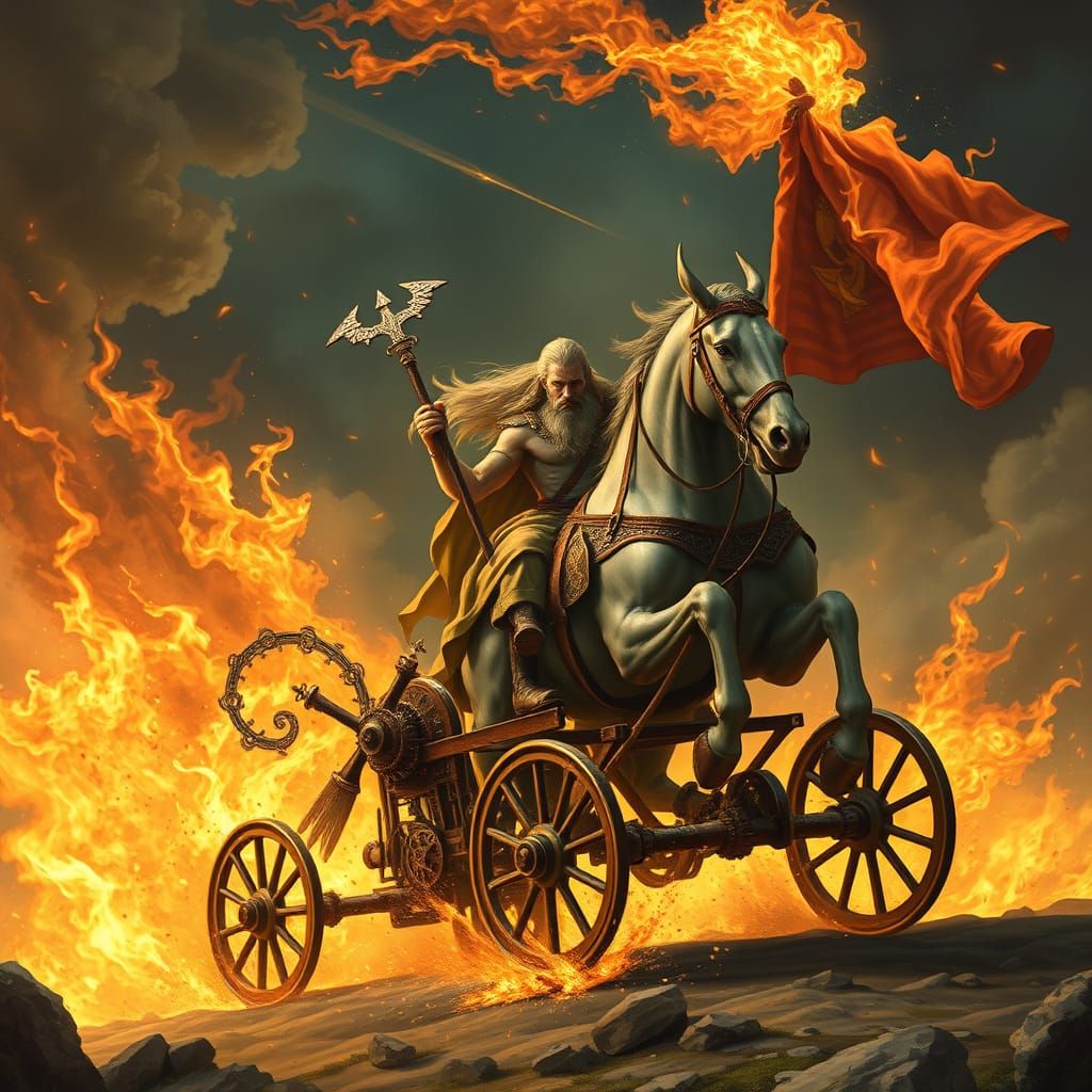 celtic god of war Neit driving his 2-horse war charriot into a heavenly ...