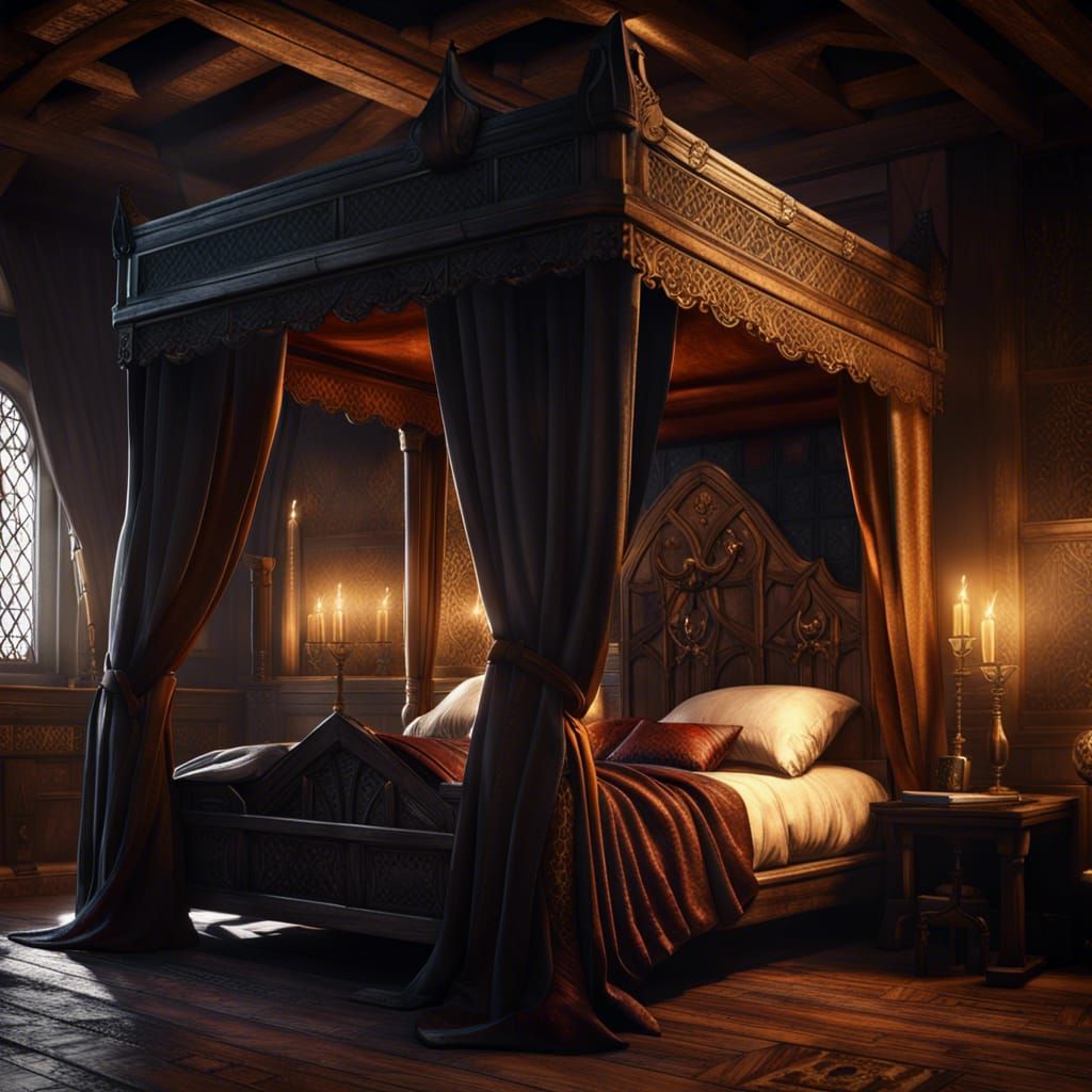 Beautiful medieval bedroom, with a 4 poster bed. The bed is made. - AI ...