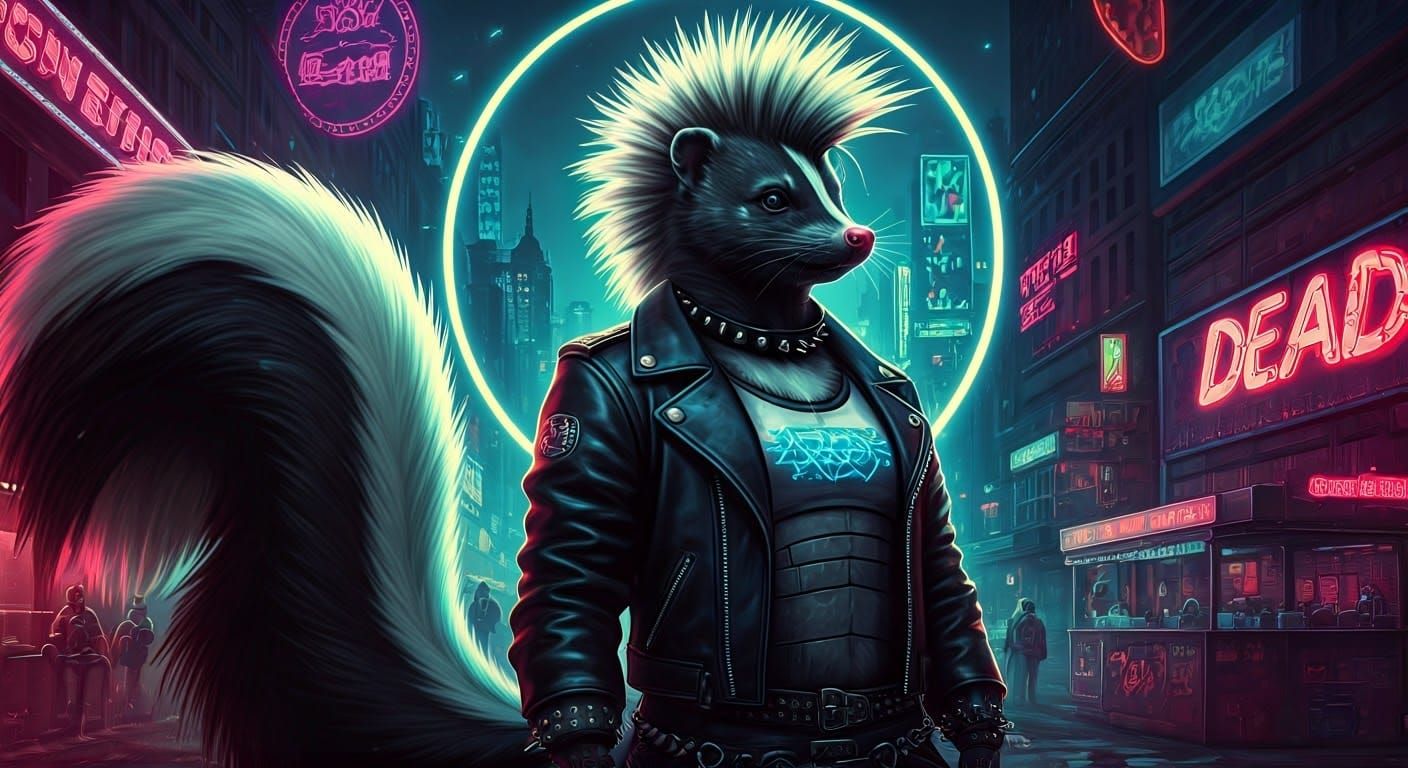 Cyberpunk Skunk in Futuristic Armor, Neon Cityscap... - AI Art