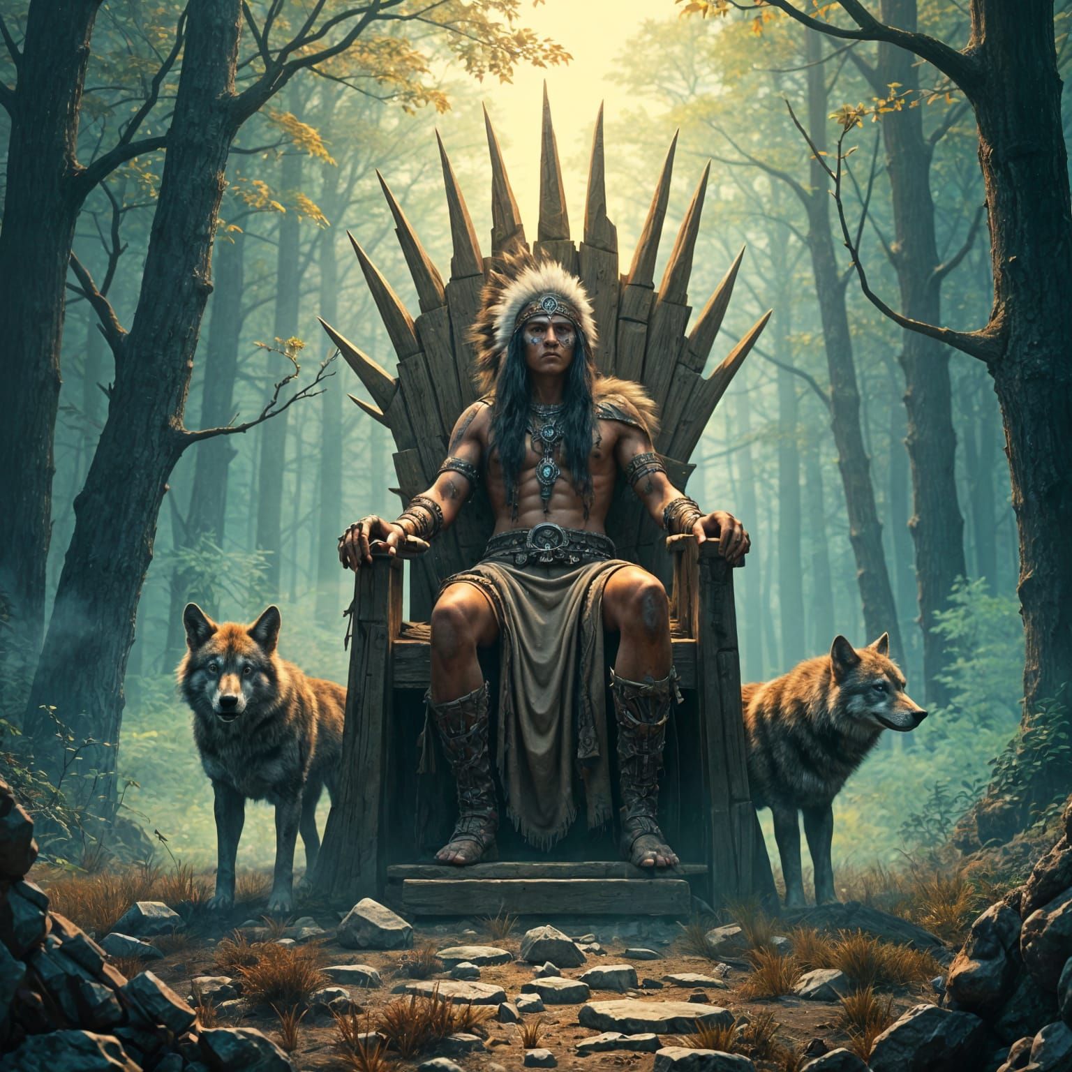 Native - Fantastical Native Warrior Throne in Vibrant Color...