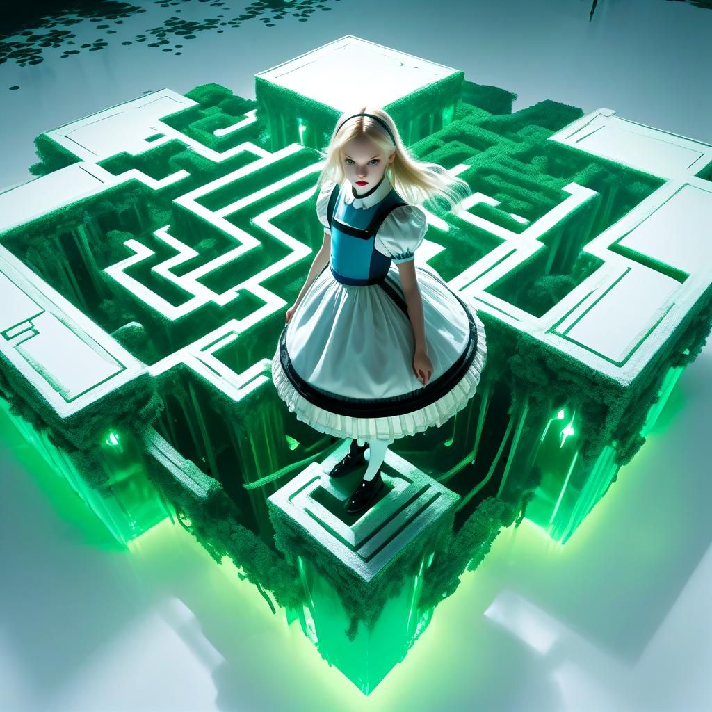 Aerial View Of Alice From Alice In Wonderland Inside A Bioluminescent Green Glow Maze Creepy