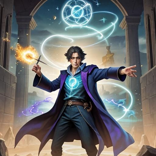 Handsome Wizard Witnessing an epic wizards' duel between rival ...